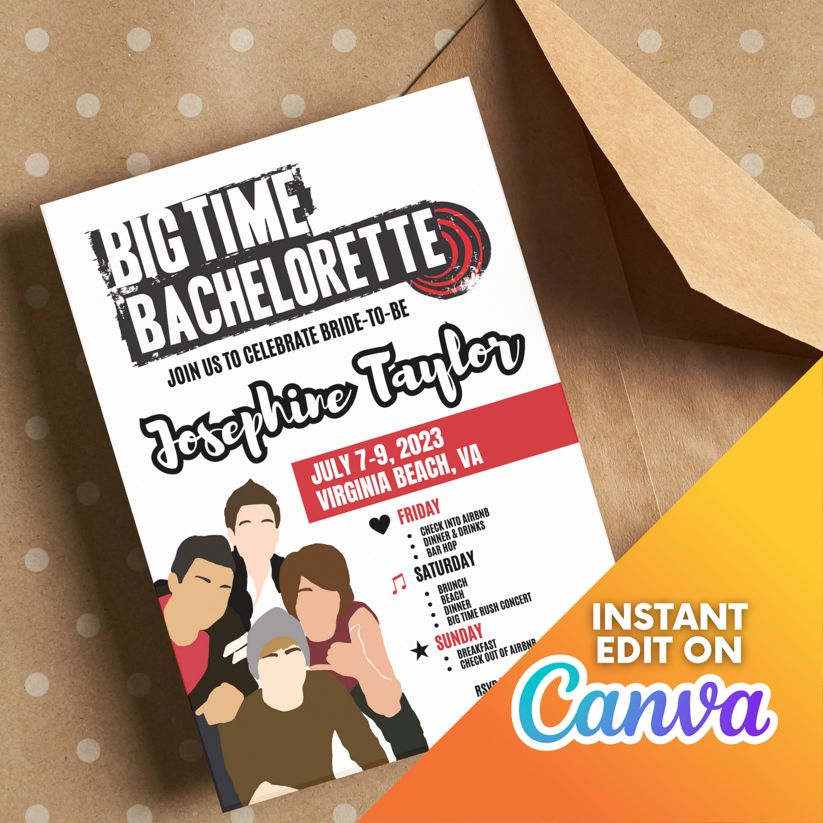 Big Time Rush Bachelorette Weekend Invitation (Canva) – Shop Disco